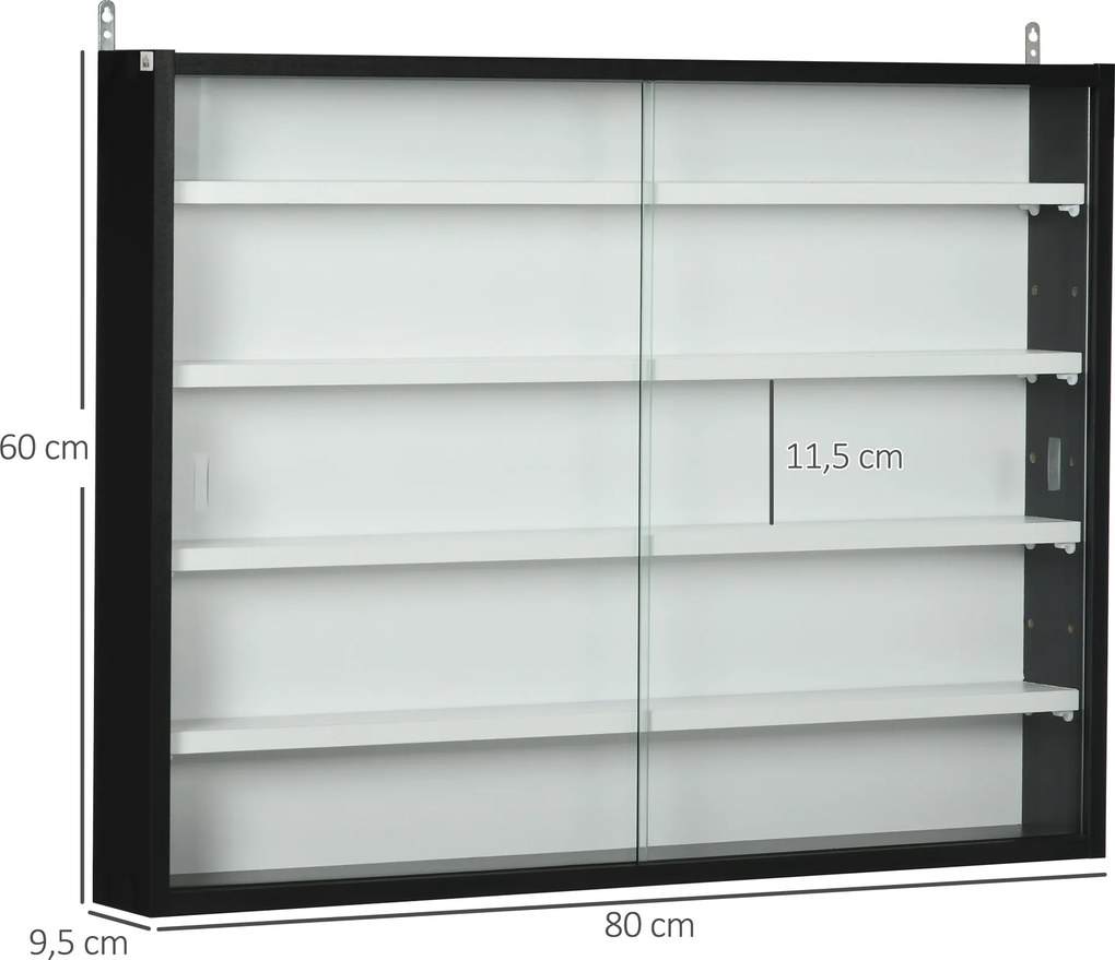 HOMCOM Stěnová vitrína s nastavitelnými policemi a 2 posuvnými skleněnými dveřmi pro sbírky parfémů a dekorativních figurek 80x9,5x60 cm Černá a Bílá