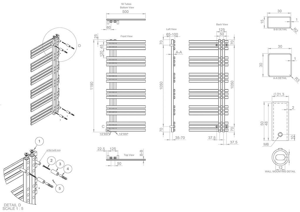 Sapho, VISTA topné těleso 500x1190mm, broušená nerez, NR613