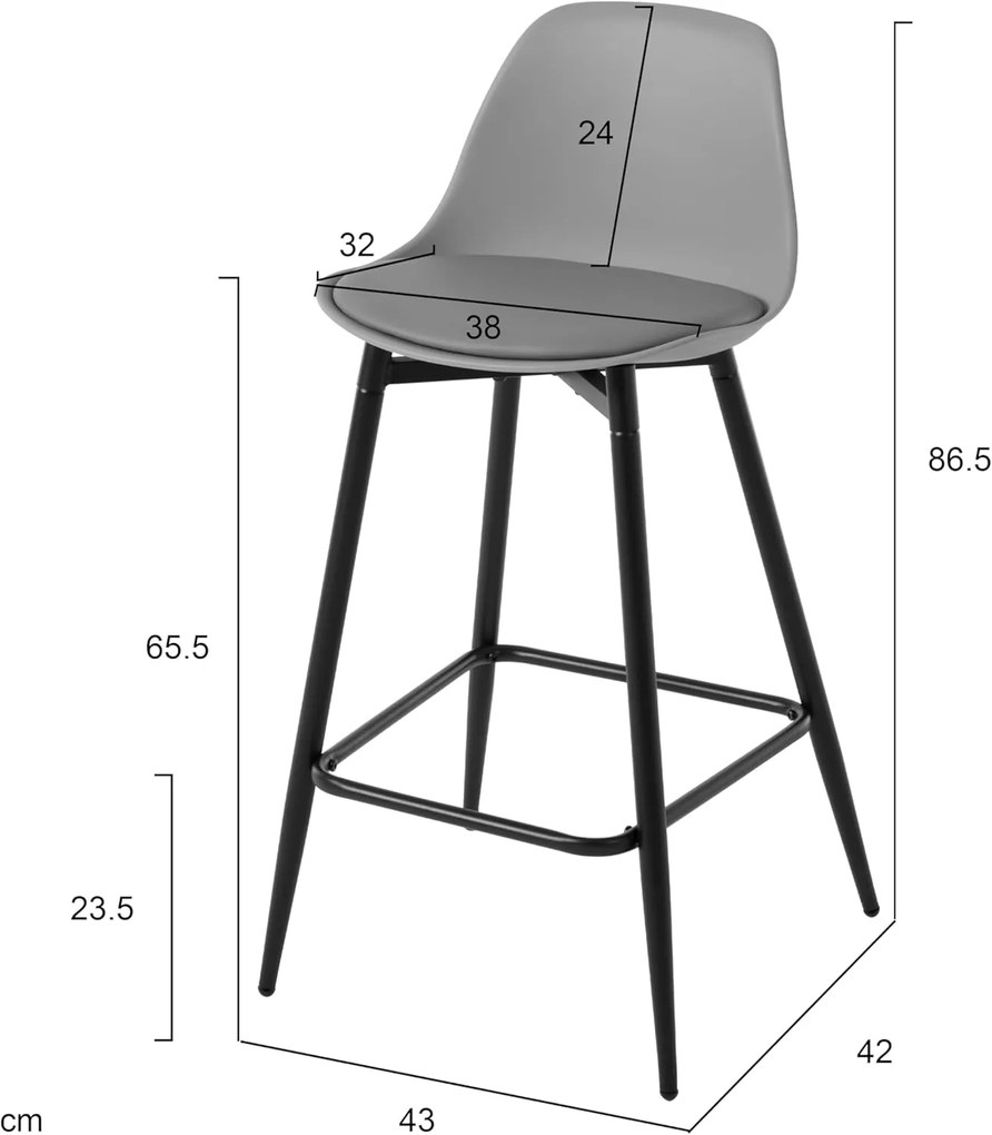 Sada 2 barových židlí – plastové stoličky s polstrováním, šedé