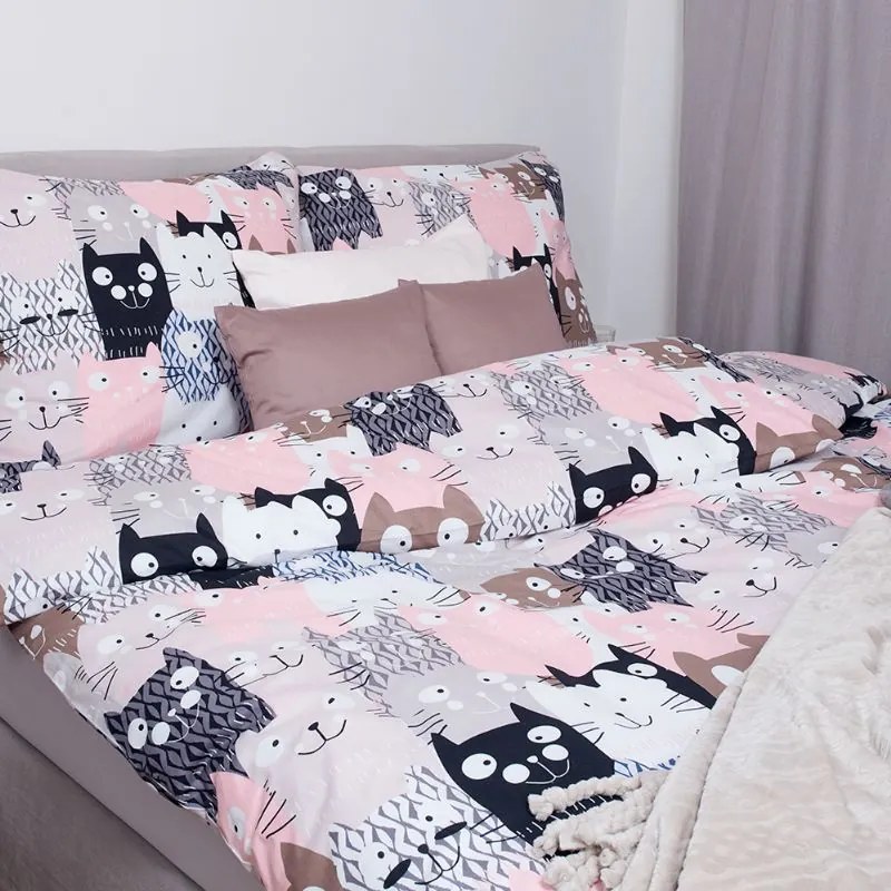 SCANquilt povlečení KLASIK DESIGN multi cats šedorůžová 140 x 200/70 x 90 cm