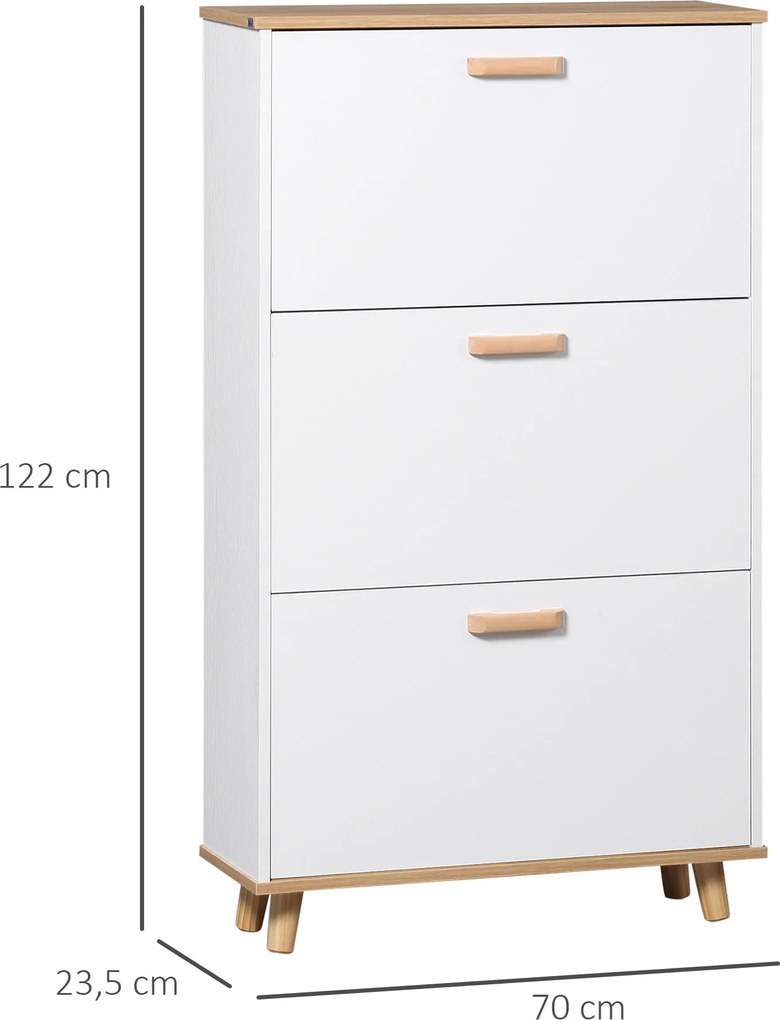 HOMCOM Skandinávský styl botník s 3 sklápěcími dvířky v dřevěném vzhledu - 70 x 23,5 x 122 cm - Bílý | Aosom