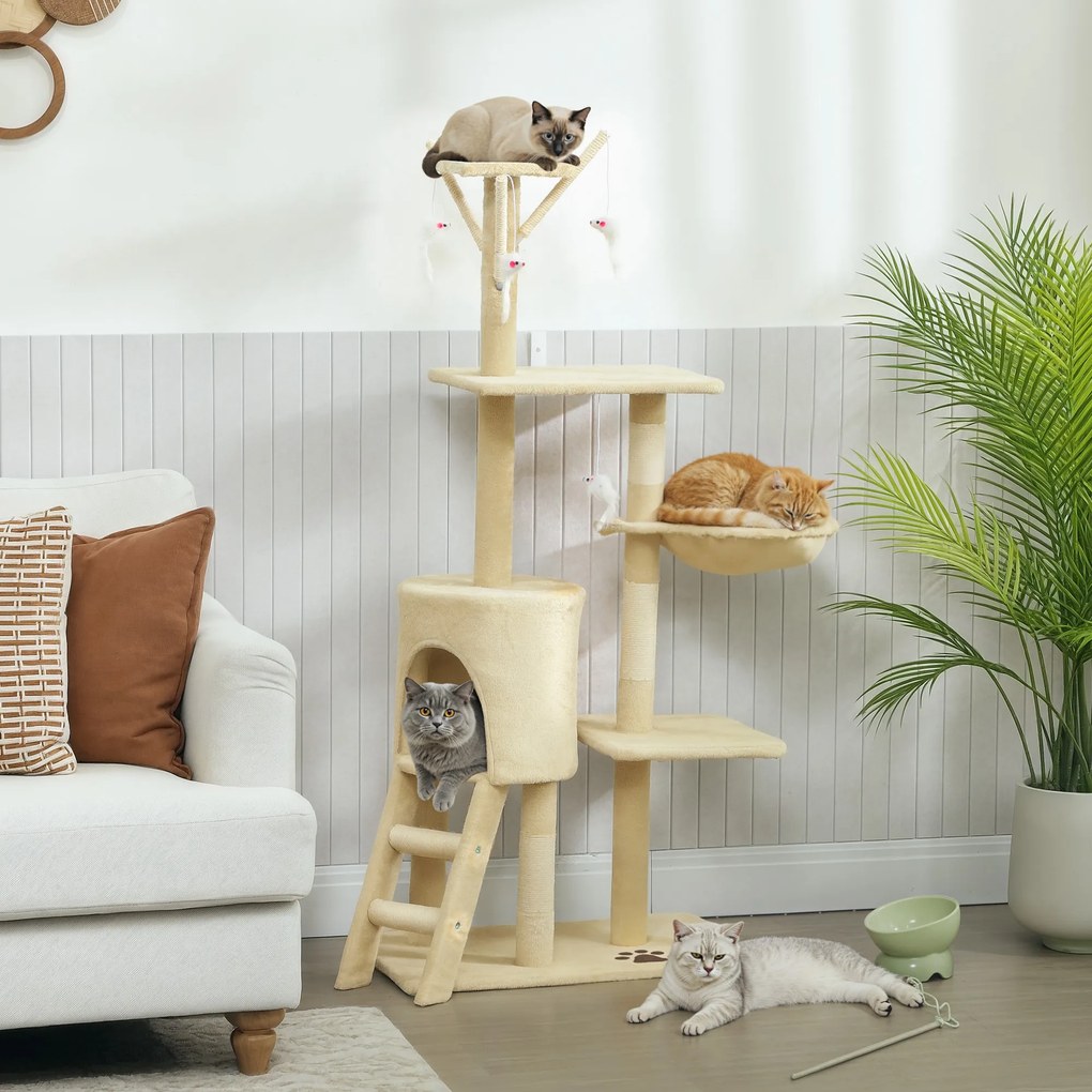 Škrabací strom Kočičí strom s jeskyní, 4 hračky, sisalové sloupky, velká plošina, schody, pro kočky do 5 kg, béžový