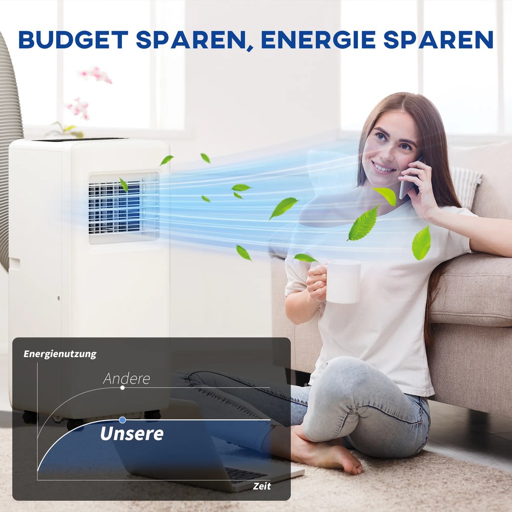 Mobilní klimatizace, různá nastavení, LED displej, časovač, kolečka, bílá barva
