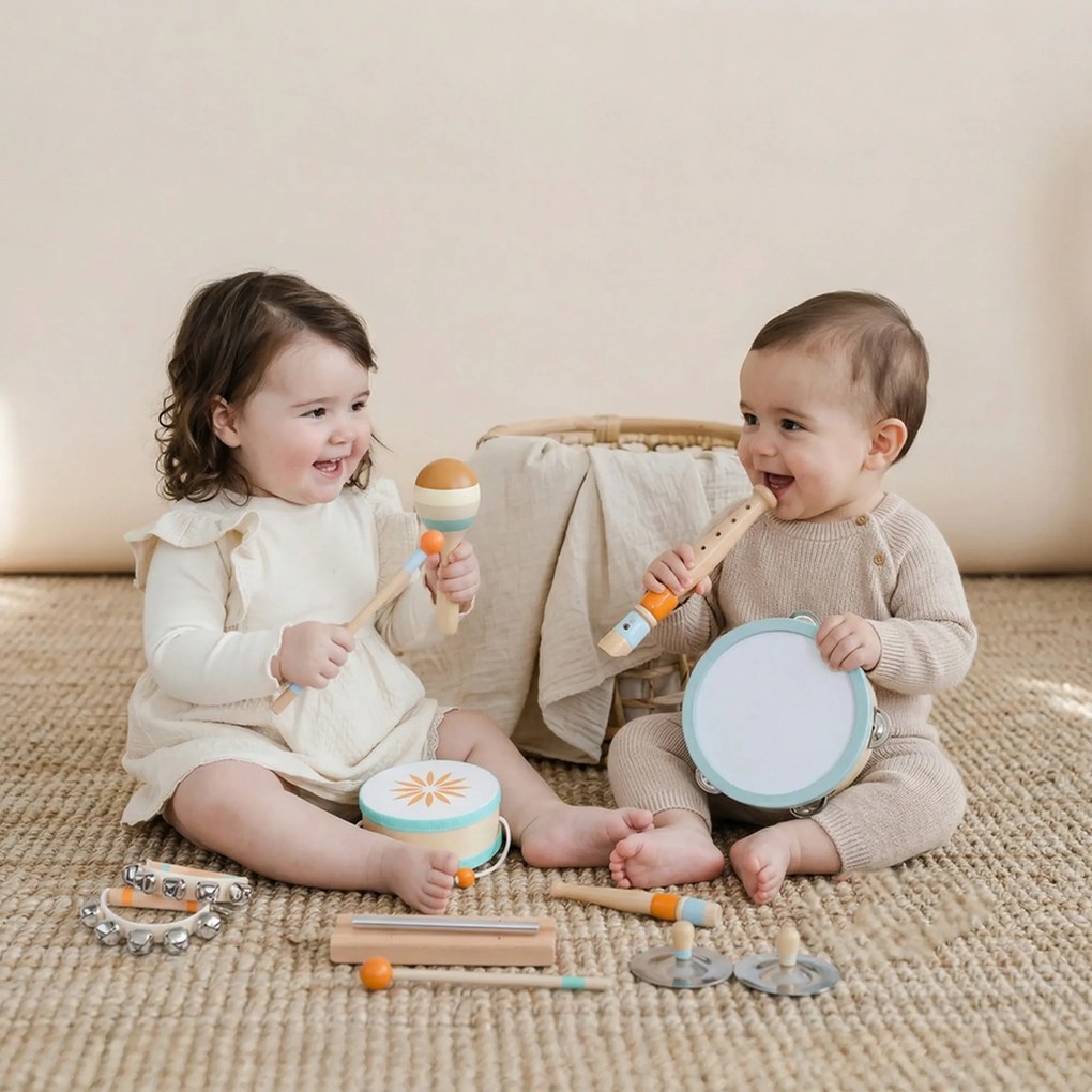 AIYAPLAY dětská sada hudebních nástrojů, 10-dílná Montessori sada nástrojů s tamburínou, chrastítky, bubnem, činely, flétnou