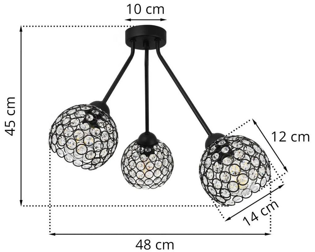 Stropní svítidlo Crystal Trio, 3x černé křišťálové stínítko