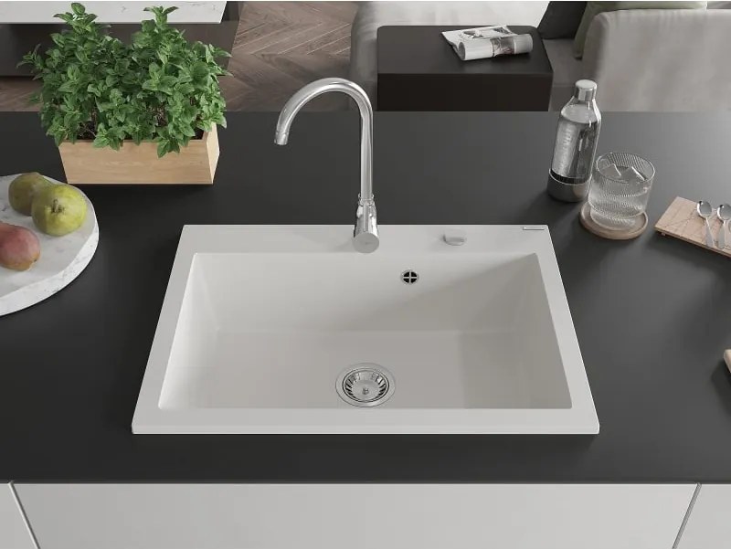 Mexen Elix granitový dřez 1-komorový 700 x 500 mm, bílý, sifon chrom - 6526701005-20