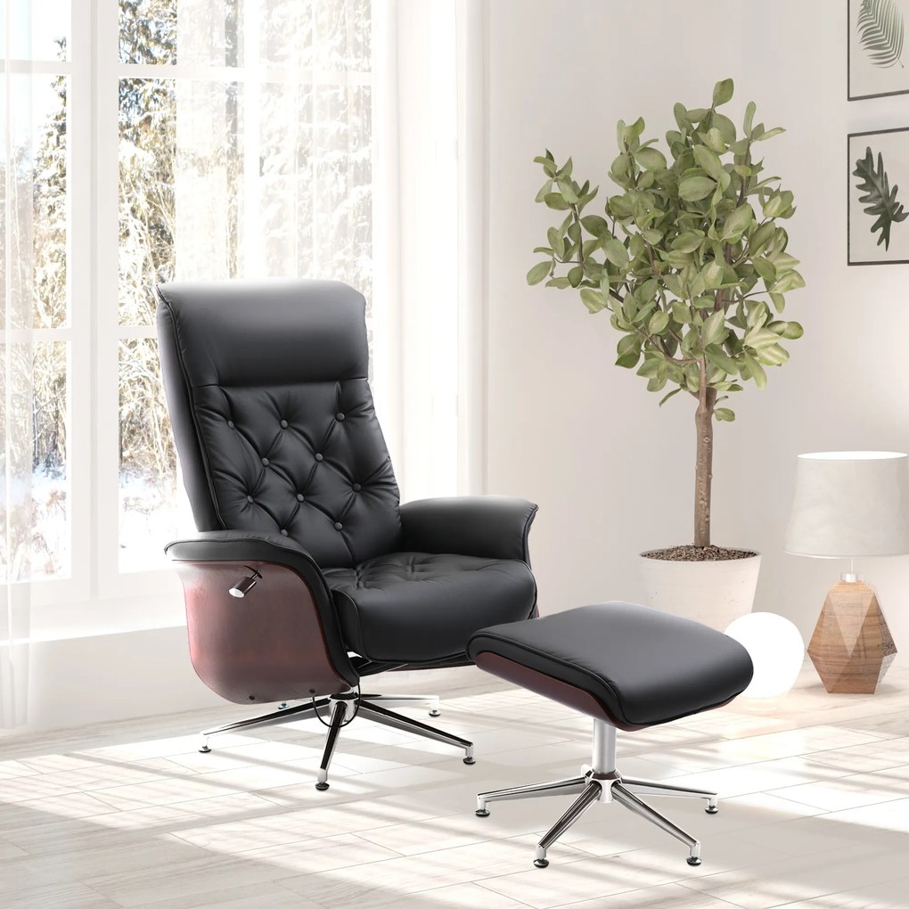 HOMCOM Relaxační křeslo s podnožkou - TV křeslo s čalouněním, 360° otočné, 145° nastavitelné, retro design Chesterfield, PU potah, dřevěné detaily, k…
