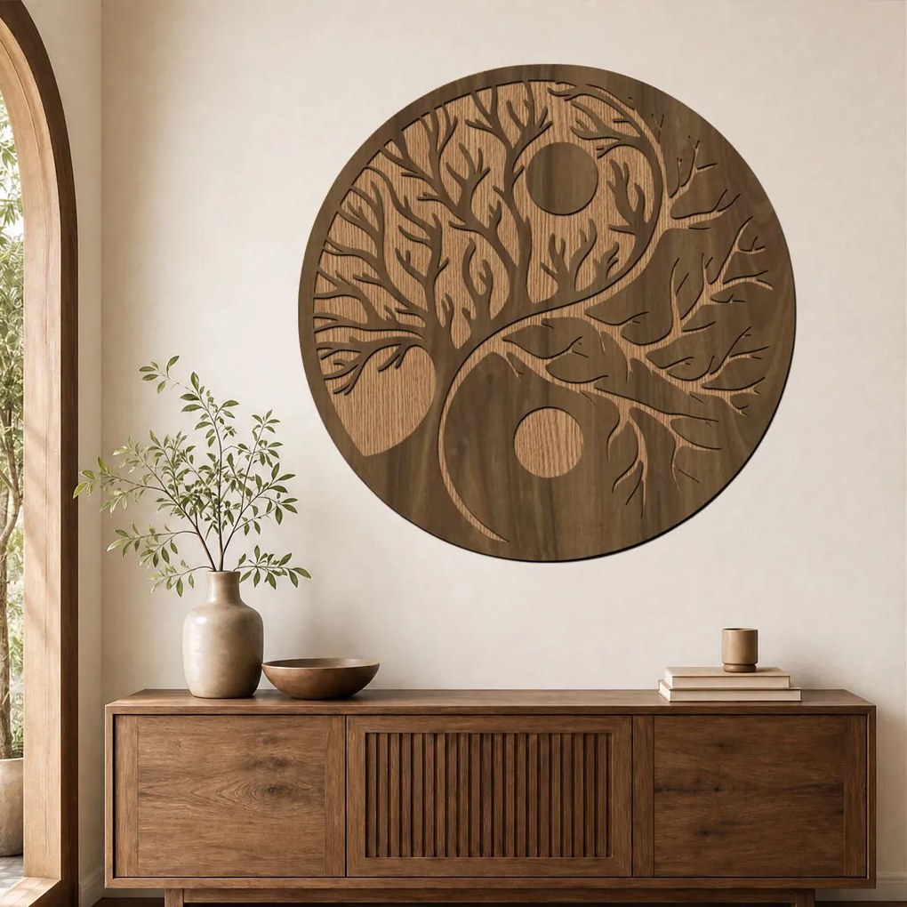dřevo života 2 dílný dřevěný strom YING YANG na stěnu Zvolte barvu dekoru: Ořech-Dub Sonoma, Zvolte rozměr Ø (cm): 40