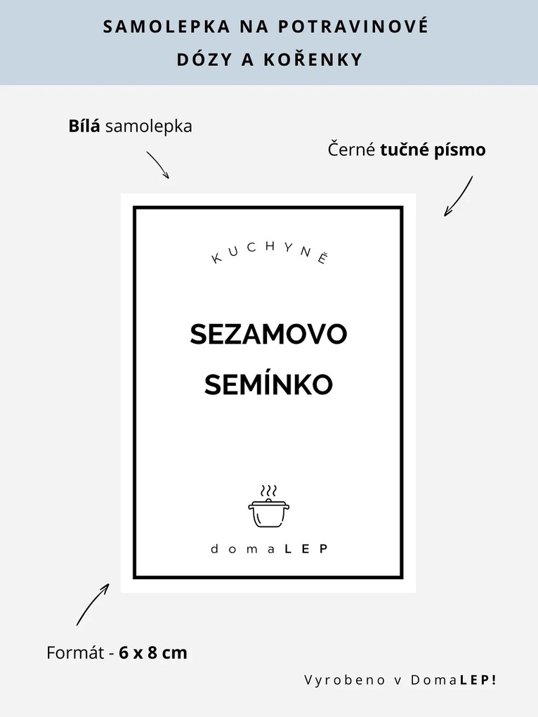 SEZAMOVO SEMÍNKO – bílá samolepka na dózu, tučné písmo, 6 x 8 cm | DomaLEP