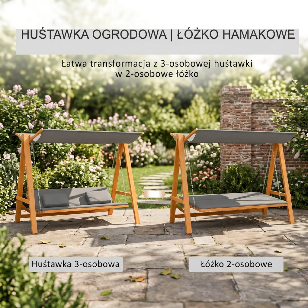 Outsunny Hollywoodská houpačka pro 3 osoby s funkcí lůžka, zahradní houpačka se stříškou, borovicové dřevo v šedé barvě a teak, 225,5x113x180cm