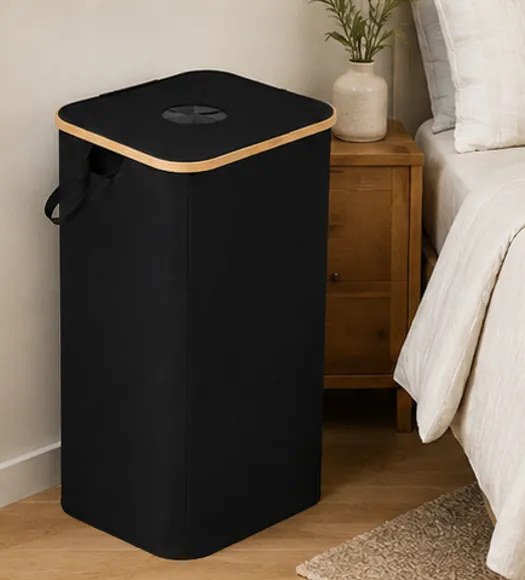 koš na prádlo, objem 100+ l, s víkem, 2 odnímatelné tašky, látka/bambus, 75x43x32 cm, černá/přírodní, Dekorino KP20260003
