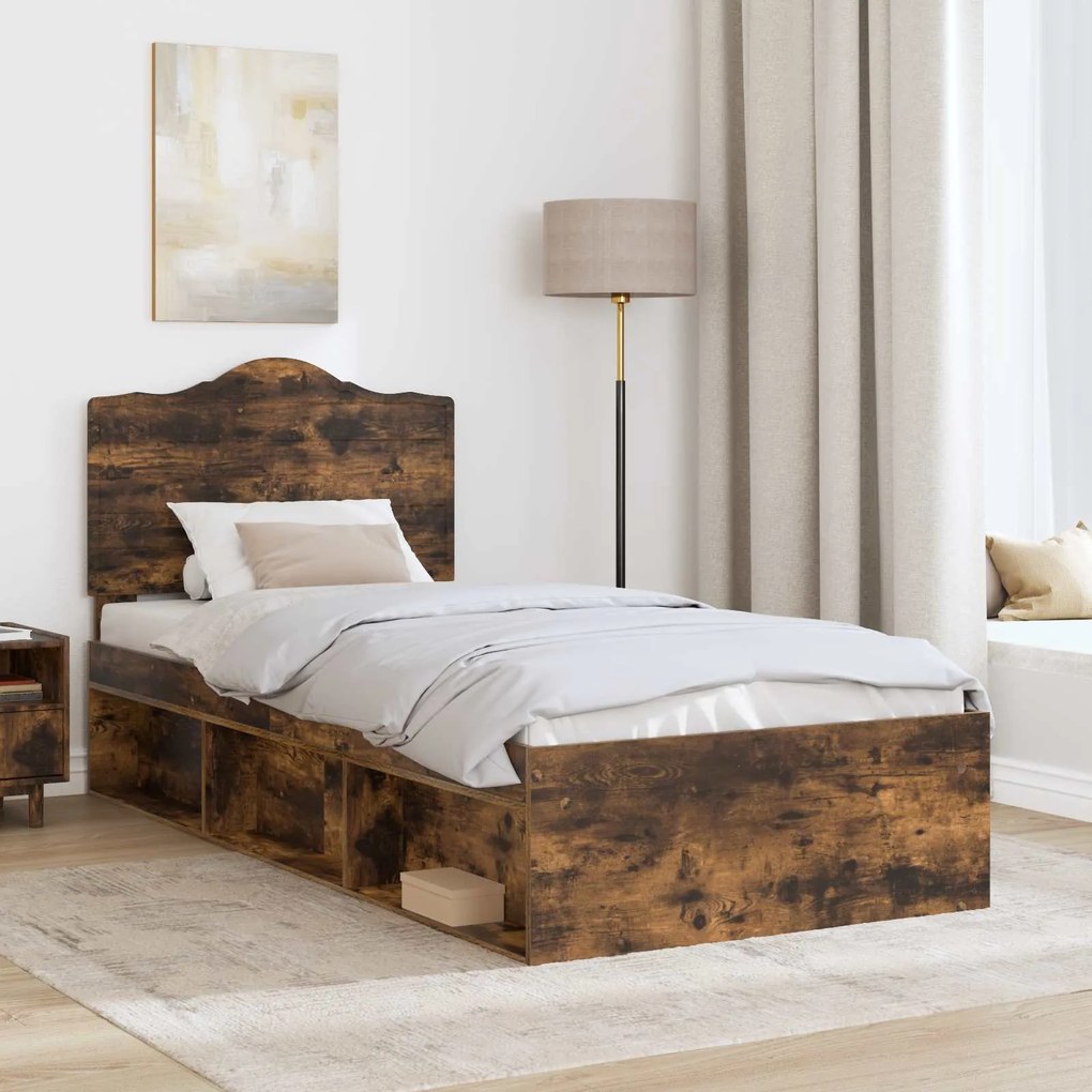 Rám postele s čelo Kouřový dub 90 x 190 cm Masivní borové dřevo 3413366