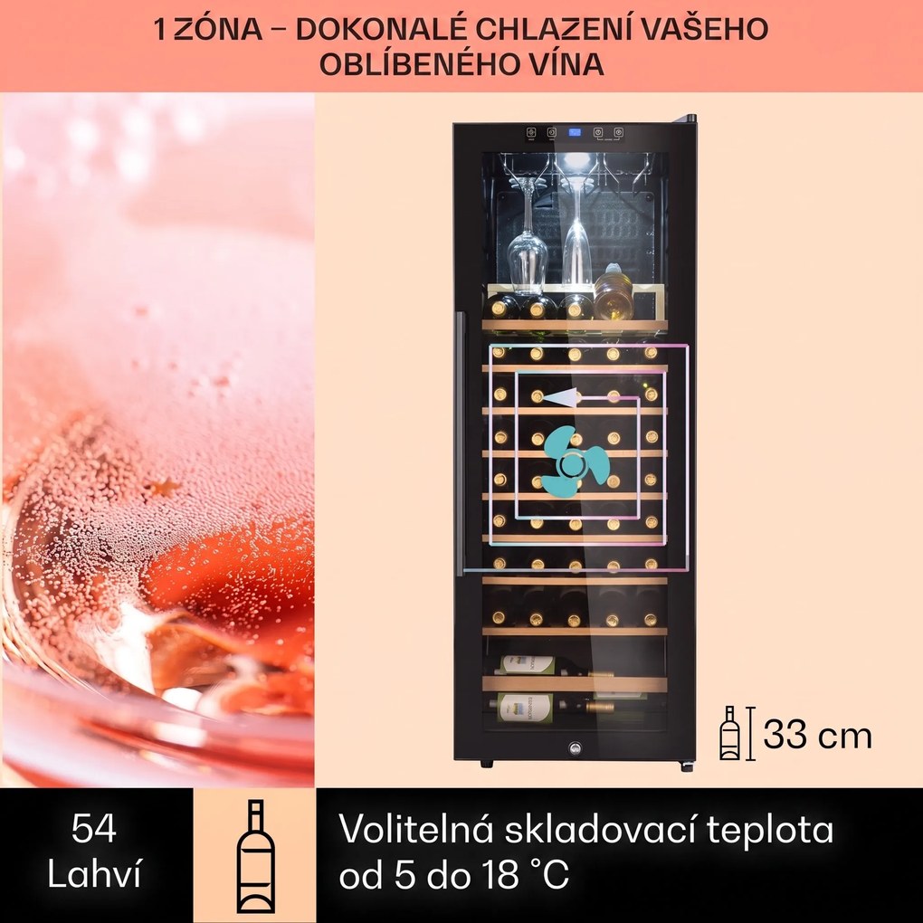 Klarstein Barossa 54S, vinotéka, 155 l/54 lahví, skleněné dveře, dotykové ovládání