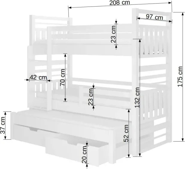 Třílůžková patrová postel s matracemi HIPPO 200x90