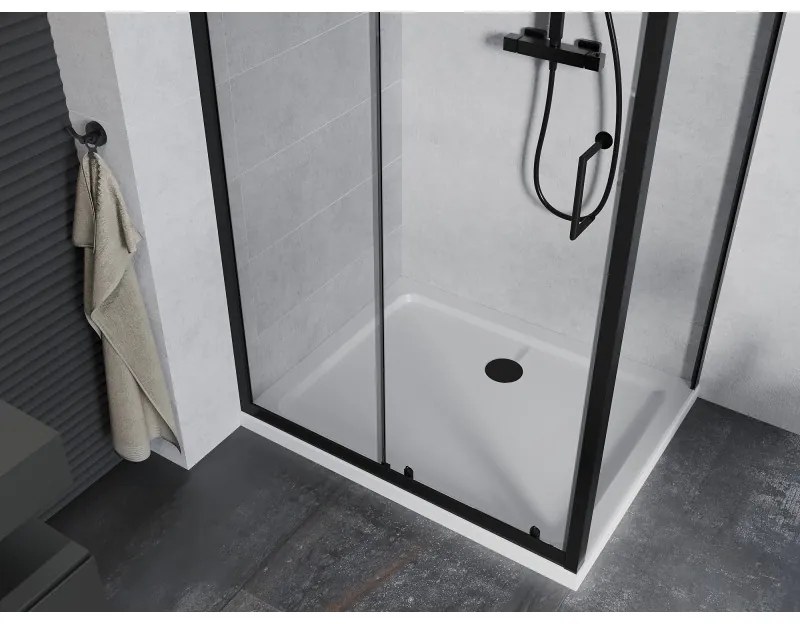 Mexen Apia rozsouvací sprchový kout 110 x 70 cm, Průhledné, Černá + sprchová vanička Flat, Bílá- 840-110-070-70-00-4010B