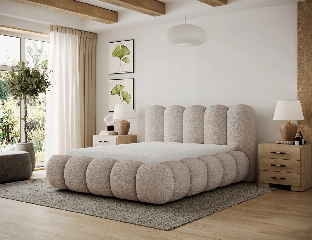 Postel Oloroso 180x200 s kovovým roštem a úložným prostorem, béžové bouclé