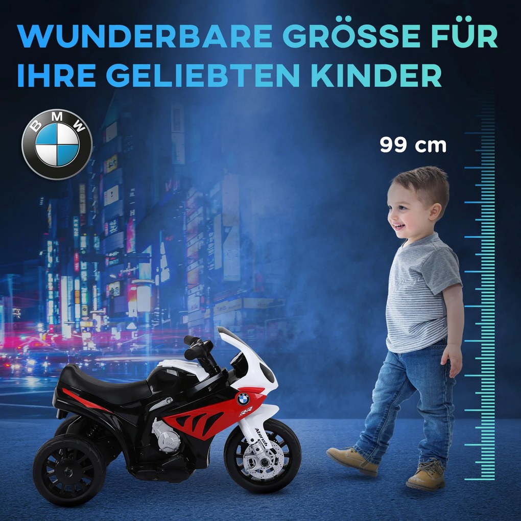 HOMCOM BMW S1000RR licencovaná dětská elektrická tříkolka s baterií, dětské vozidlo, ocel, červená, 66x37x44 cm