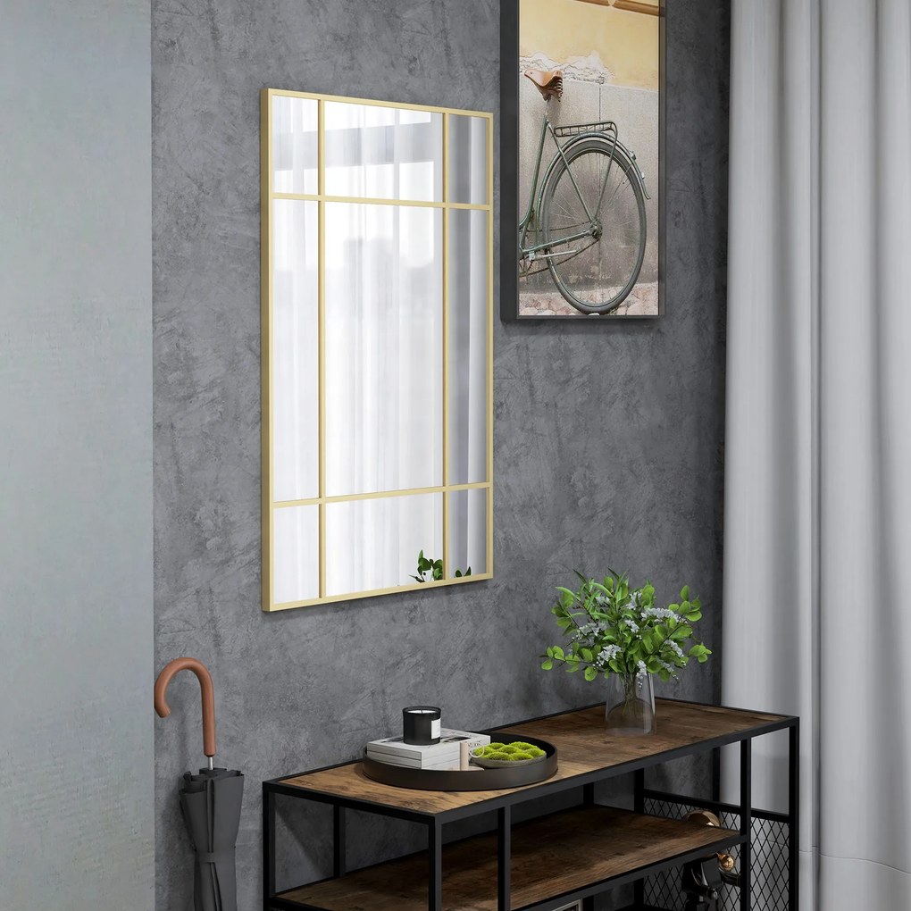HOMCOM Obdélníkové Nástěnné Zrcadlo 90x60 cm se Zlatým Kovovým Rámem - Dekorativní Zrcadlo do Obývacího Pokoje, Ložnice a Předsíně