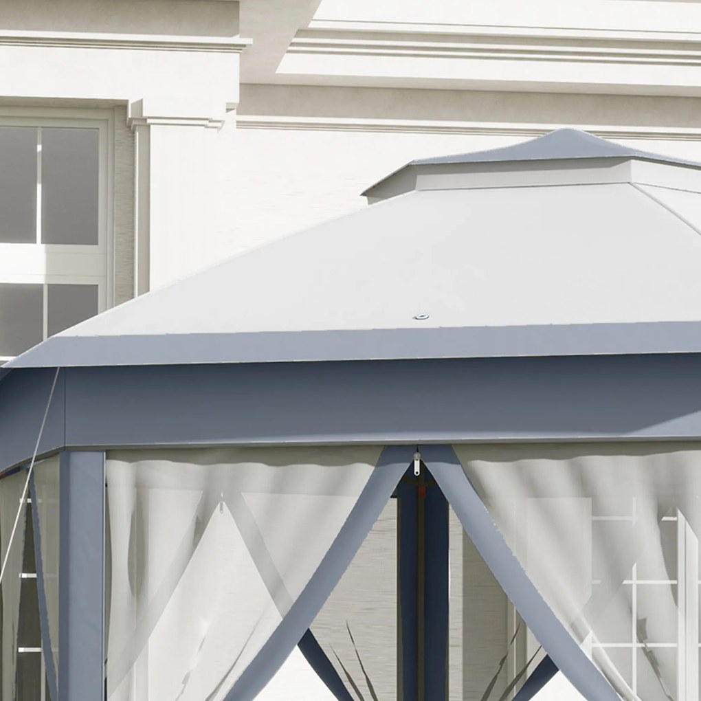 Outsunny skládací pavilon 4 x 4 m Šestiúhelníkový design Sítě proti hmyzu, voděodolná ventilační střecha pro grilovací párty Šedá+Bílá
