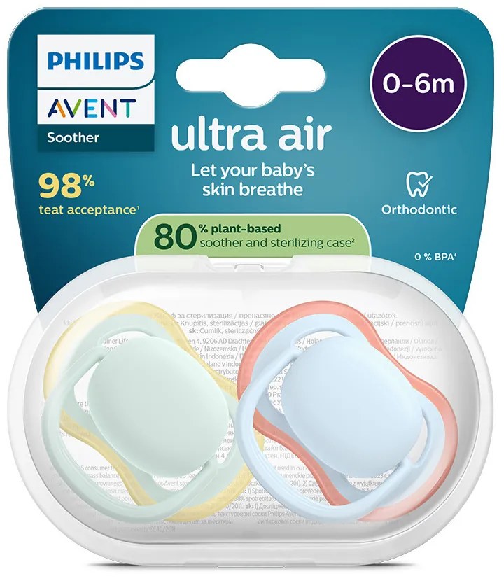 PHILIPS AVENT Šidítko Ultra air 0-6 m 2 ks Philips Avent Dívka (fialová/žlutá)