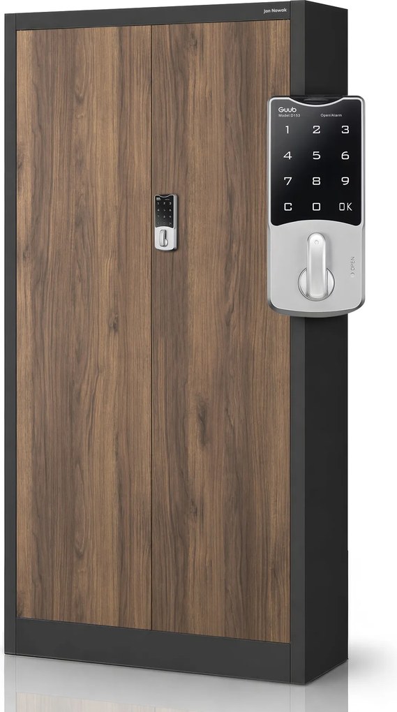 Kovová kancelářská skříň se zámkem na kód antracitová, ořech, 900x1850x400 mm: DANIEL Eco Design