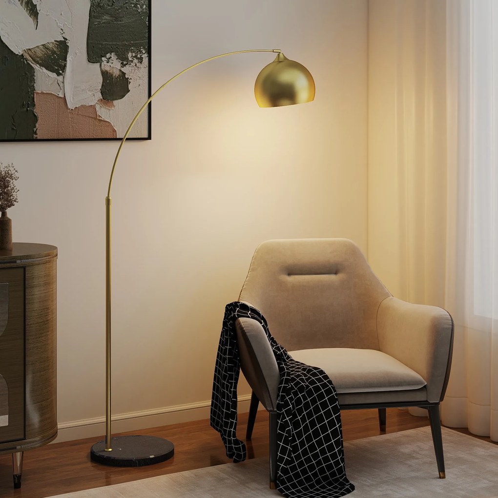 HOMCOM Oblouková lampa, stojací lampa, výškově nastavitelná, nožní vypínač, podstavec s efektem mramoru, 170-180cm, zlatá/černá