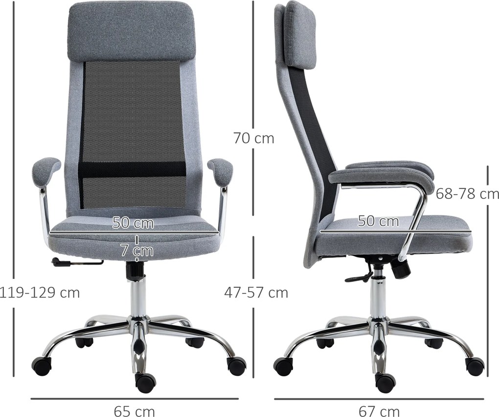 Vinsetto Ergonomická otočná kancelářská židle, nastavitelná výška a funkce houpání, síťovina, 65x67x119-129cm, Šedá