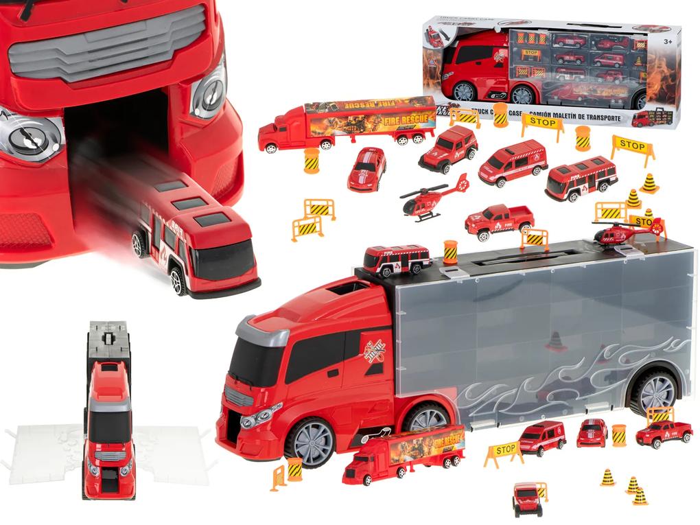 KIK KX5993 Transportér TIR v kufru + 7 aut hasičů, červená