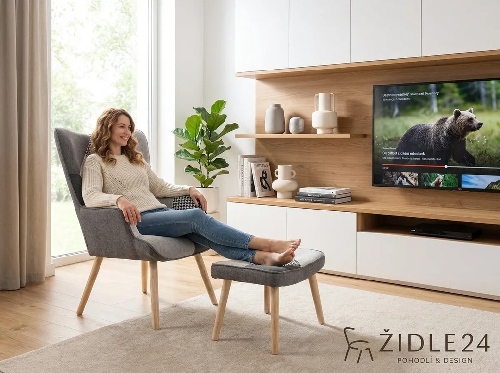 Relaxační křeslo ušák s podnožkou LYRO - šedá patchwork látka