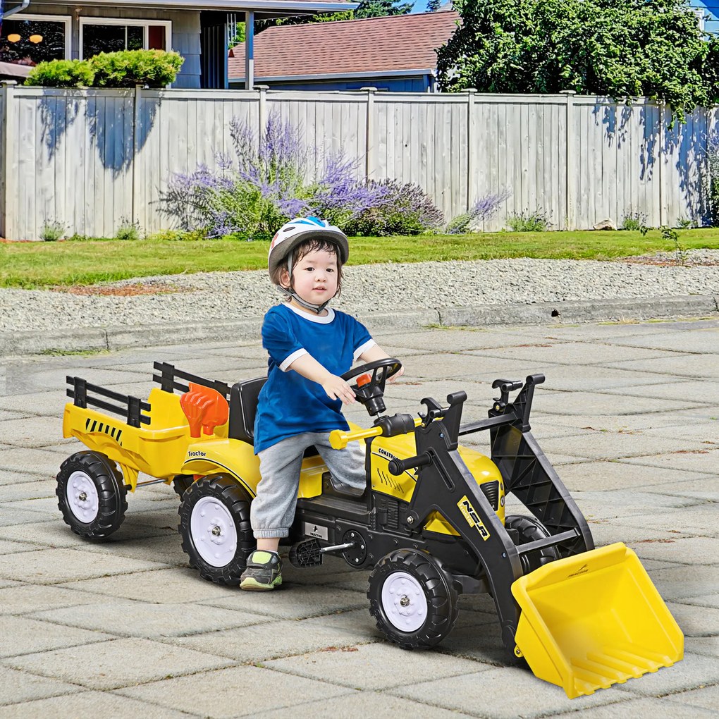 HOMCOM Šlapací traktor s přívěsem, šlapací vozidlo s lopatou, dětské vozidlo traktor pro děti od 3 let, žlutý