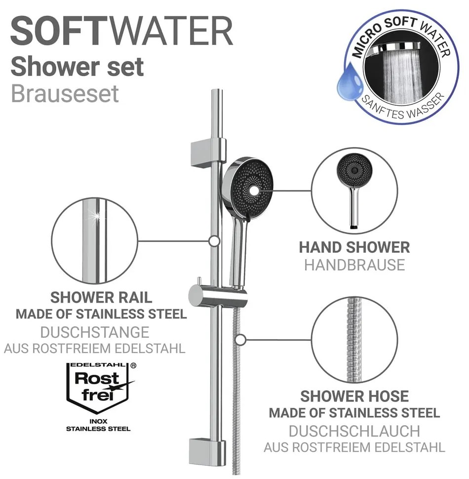 Sprchový set z nerezové oceli ve stříbrné barvě s ruční sprchou/s posuvným držákem 70 cm Softwater – Wenko
