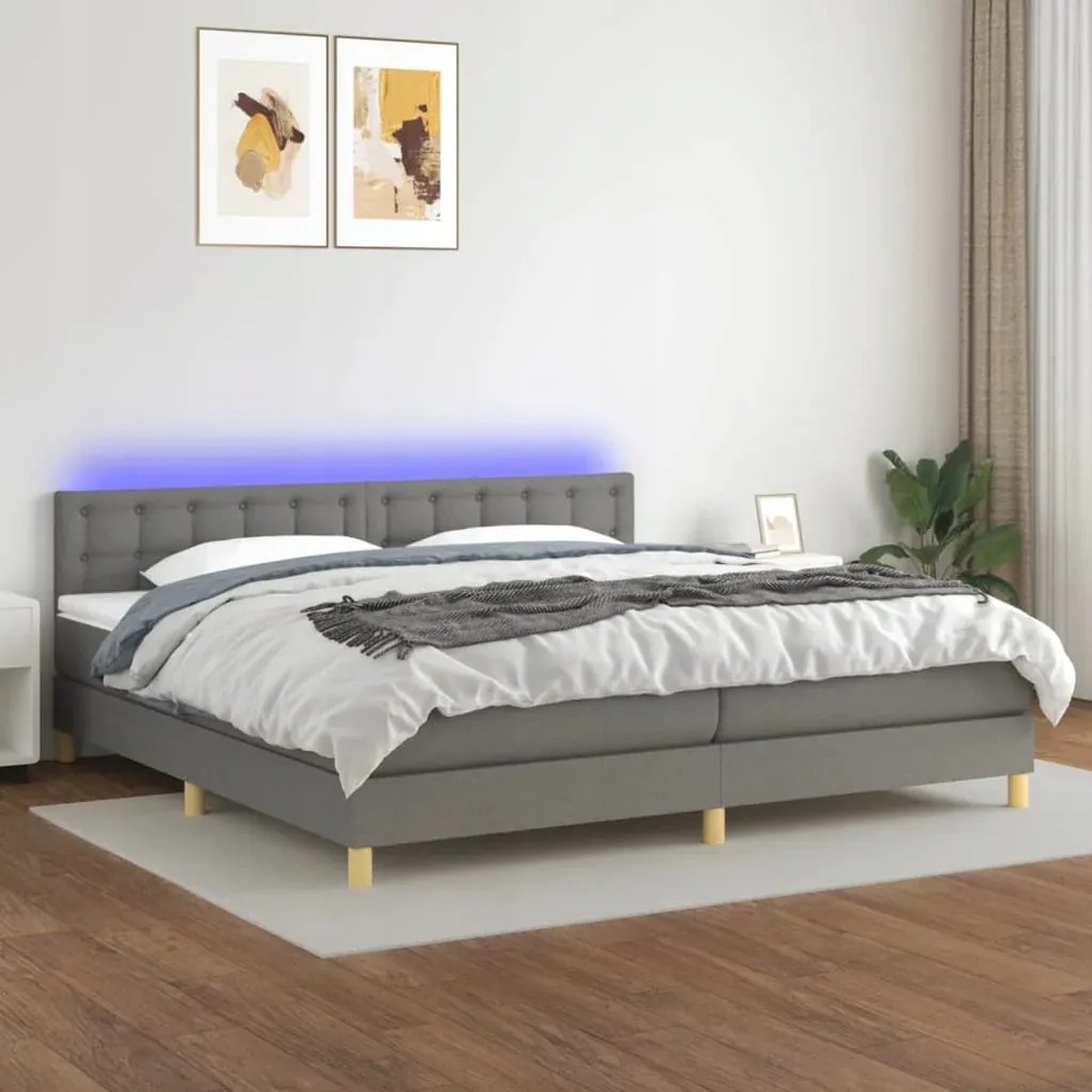 Box Spring Postel S Matrací A Led Textil Tmavě Šedá tlačítka 200 x 200 cm