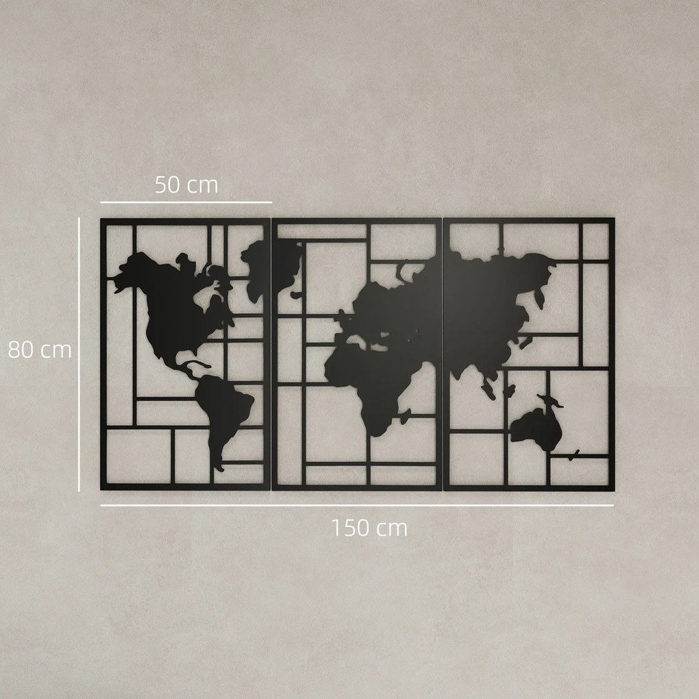HOMCOM kovová nástěnná mapa světa, sada 3, černá geometrická dekorace na zeď do obývacího pokoje, ložnice, chodby