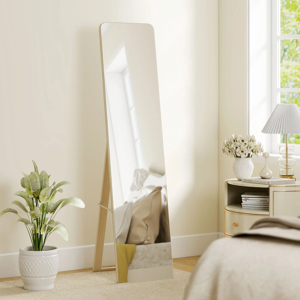 HOMCOM stojací a nástěnné zrcadlo obdélníkové, rozměry 37D x 43Š x 156V cm, přírodní dřevo