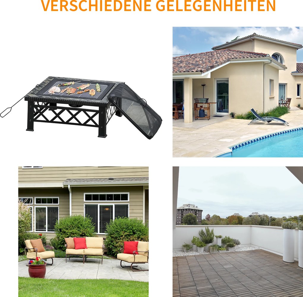 Outsunny ohnivá mísa 3 v 1 ohnivý koš ohniště s ochranou proti jiskrám grilovací rošt kbelík na led zahradní gril černý 76 cm x 47 cm