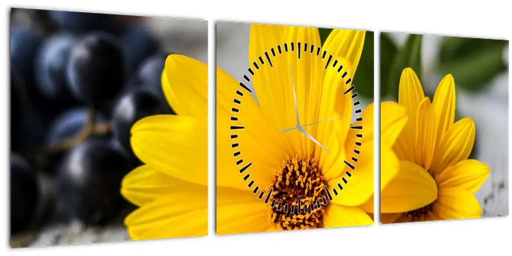 Obraz žluté květiny (s hodinami) (90x30 cm)