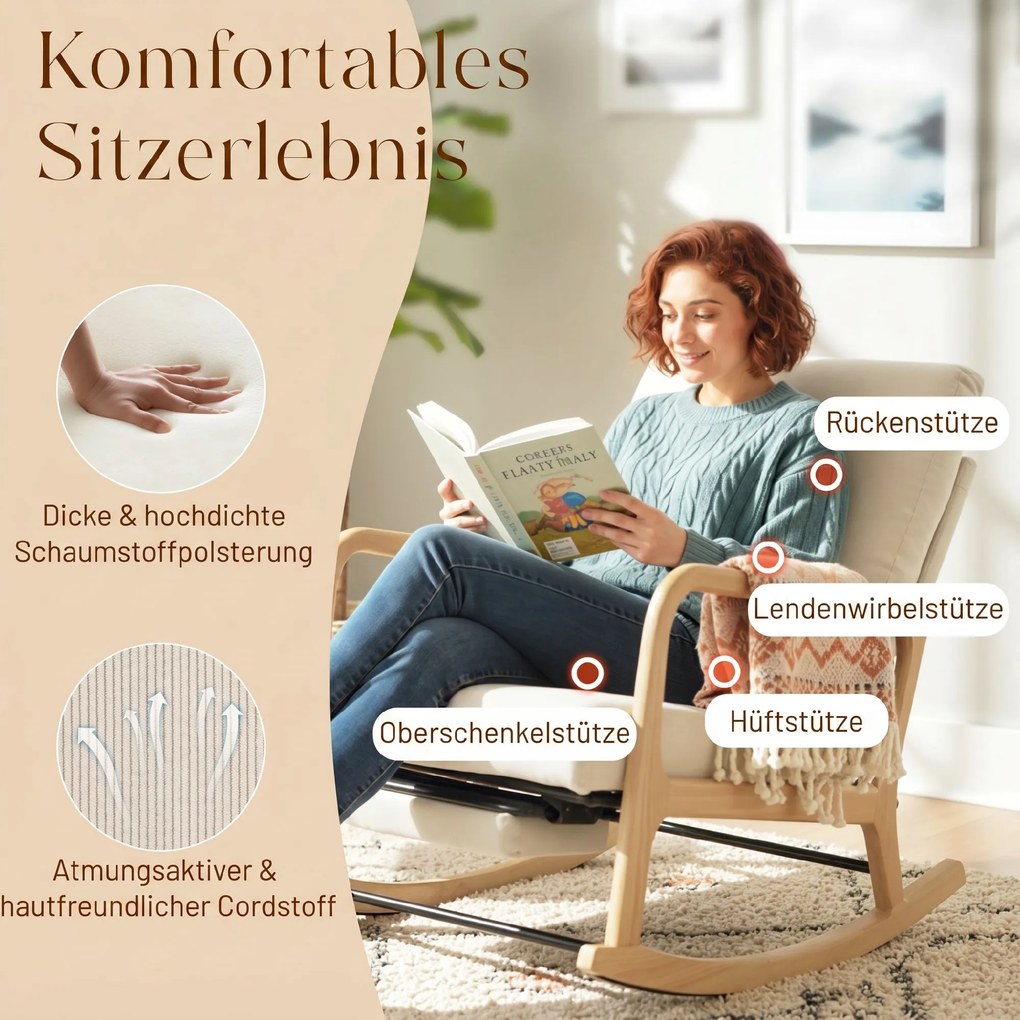 HOMCOM Houpací křeslo s podnožkou nastavitelná opěrka zad bederní polštář pro obývací pokoj, ložnici, krémová