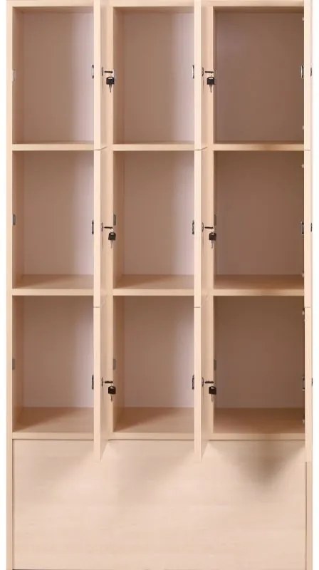 Dřevěná odkládací skříňka S5 s úložnými boxy, 9 boxů, 1700 x 900 x 420 mm, cylindrický zámek, bříza