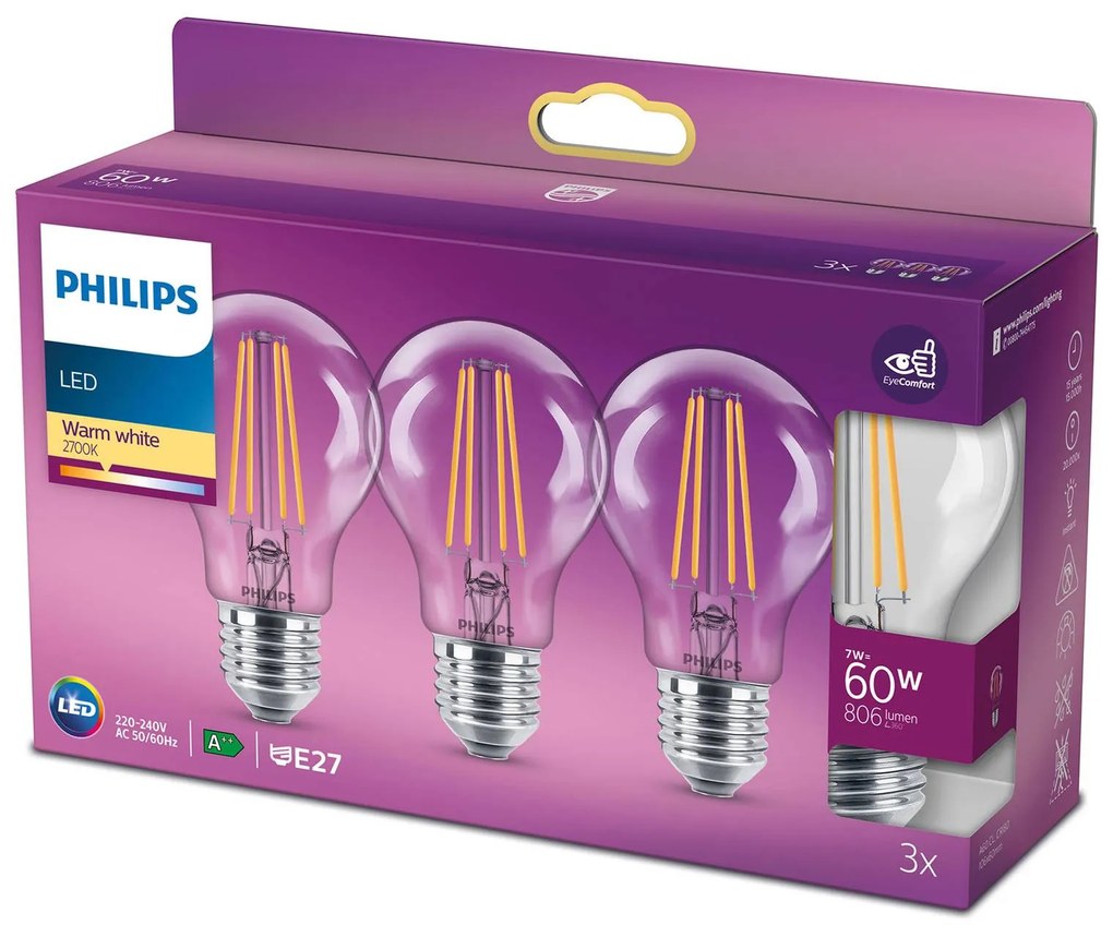 Philips LED Classic E27 A60 7W 827 čirá 3ks