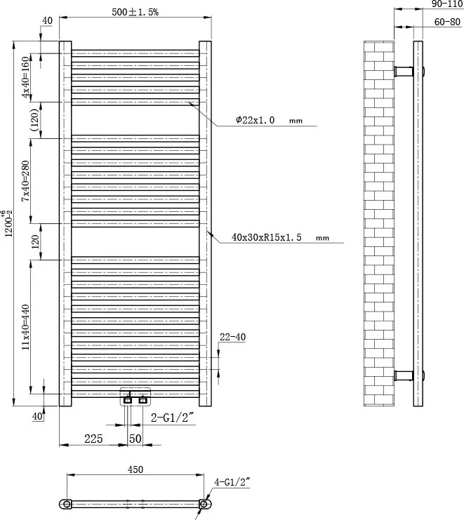 BPS-koupelny Koupelnový radiátor HYD-COR-WH-4 50x120 cm, bílý