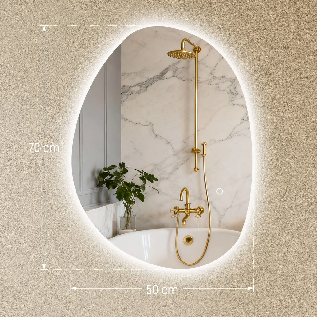 HOMCOM 70 x 50 cm asymetrické koupelnové zrcadlo s LED osvětlením, dotykový ovladač Smart Touch, proti zamlžení, stříbrná