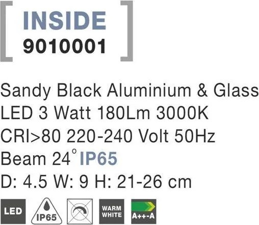 NV 9010001 Venkovní svítidlo s bodcem INSIDE černý hliník a sklo LED 3W 3000K 220-240V 24st. IP65 - NOVA LUCE