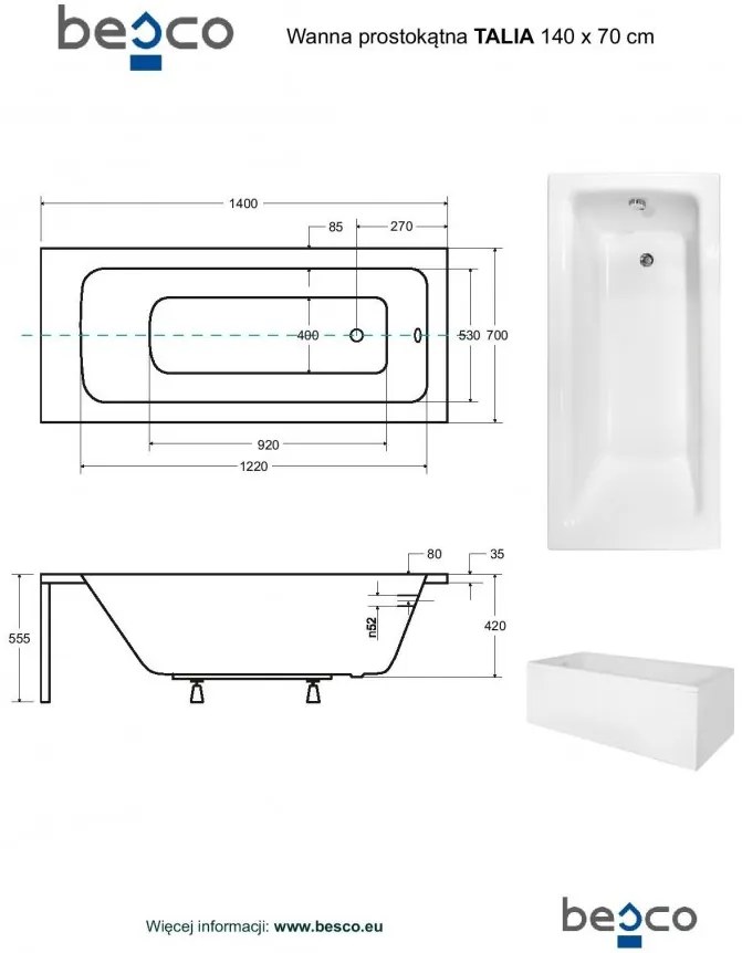 BESCO Obdélníková vana TALIA Nožičky k vaně - Bez nožiček, Rozměr vany - 140 × 70 cm VANTAL14