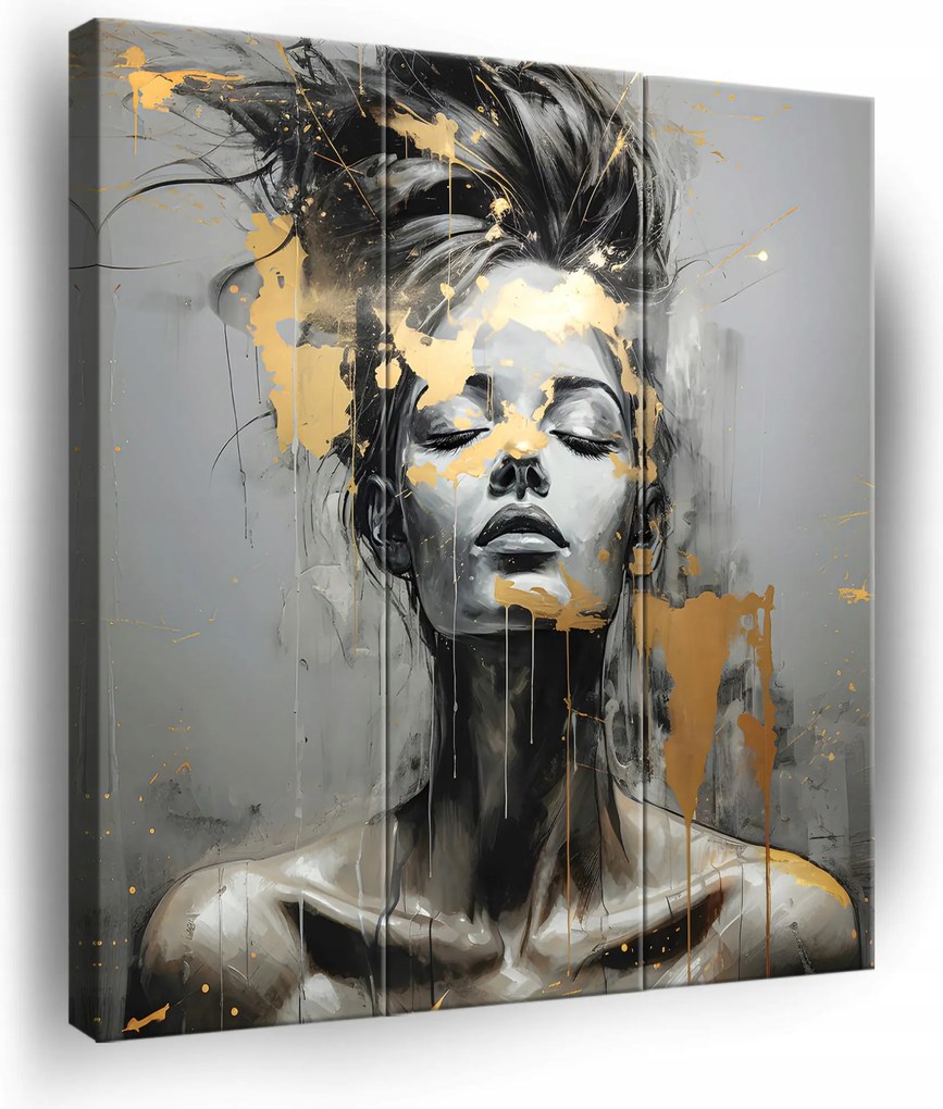 Obraz Triptych Žena Šedá Zlatá Na Plátně Stěna 3 Části Obývací Pokoj 90x100