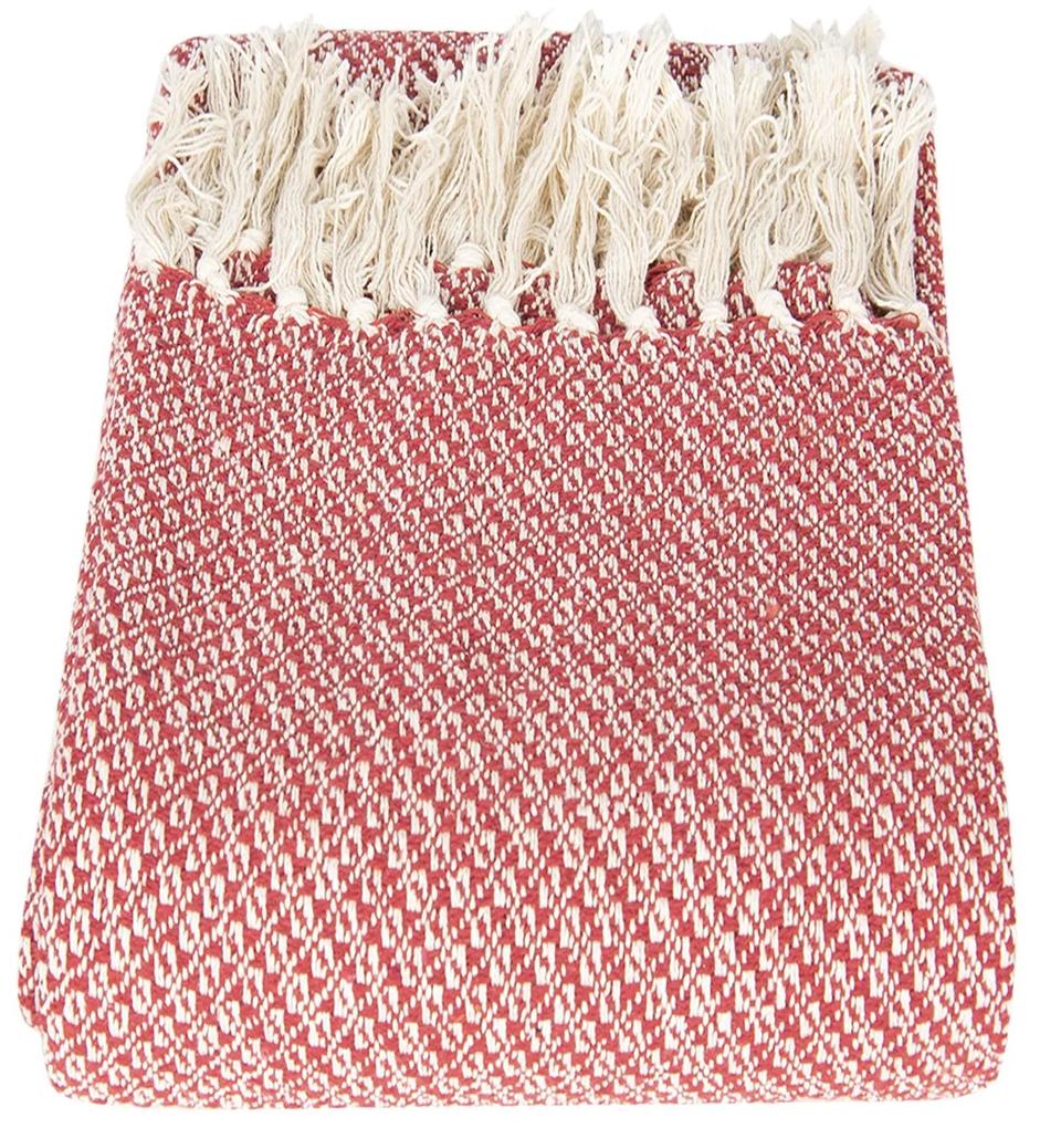 Červeno-krémový bavlněný pléd s třásněmi - 125*150 cm