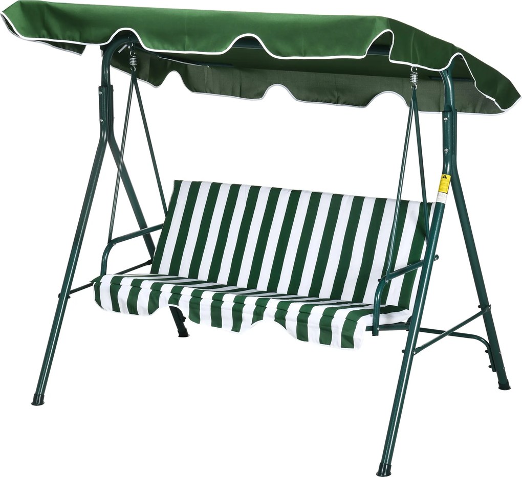 Outsunny Zahradní houpačka pro 3 osoby s nastavovací markýzou a ocelovou konstrukcí pro balkon, terasu, patio Nosnost 240 kg 172x110x153 cm Zelený pru