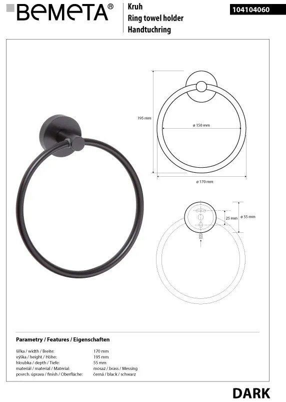 Bemeta Design DARK: Držák ručníků, kruhový - 104104060