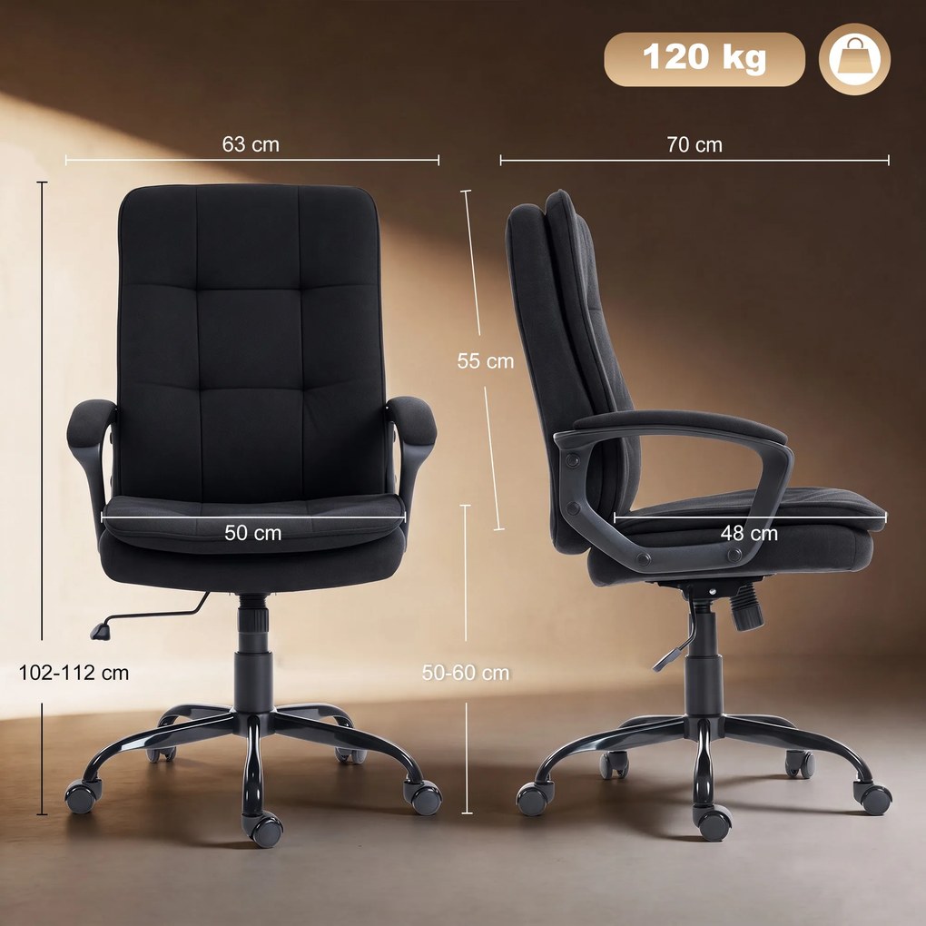 HOMCOM ergonomická kancelářská židle s dvojitým polstrováním – otočná židle s lněným efektem, nastavitelná výška, funkce houpání, nosnost 120 kg, čer…
