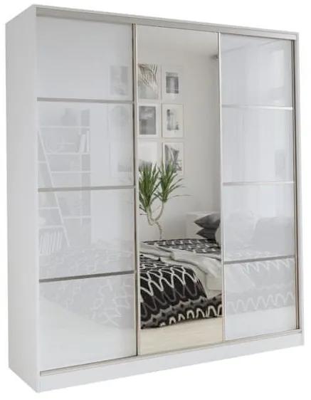Nejlevnější nábytek Šatní skříň LITOLARIS 180 se zrcadlem, 4 šuplíky a 2 šatními tyčemi, bílý lesk