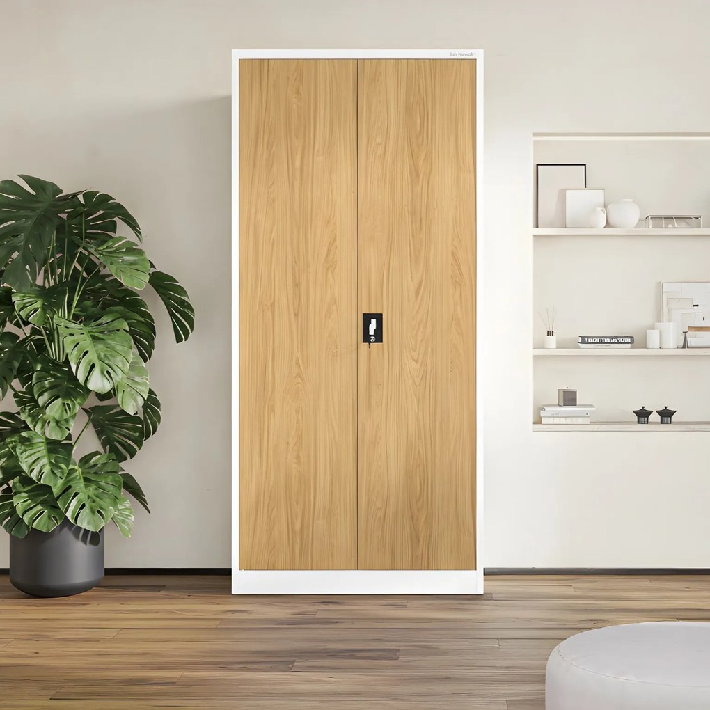 Vysoká kovová kancelářská skříň na dokumenty, bílá/zlatý dub, 900x1950x400 mm: JAN H Eco Design